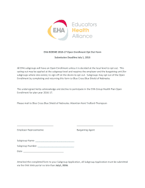 Fillable Online ehaplan EHA BCBSNE 2016- 17 Open Enrollment Opt Out ...