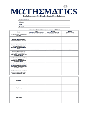 Fillable Online Grade Summary (By Class) Checklist of Outcomes Fax ...