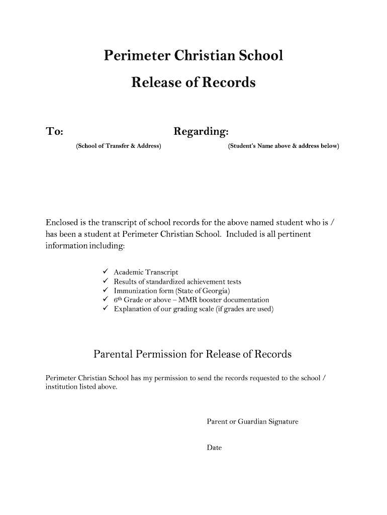 Fillable Online perimeterschool Perimeter Christian School Release of ...