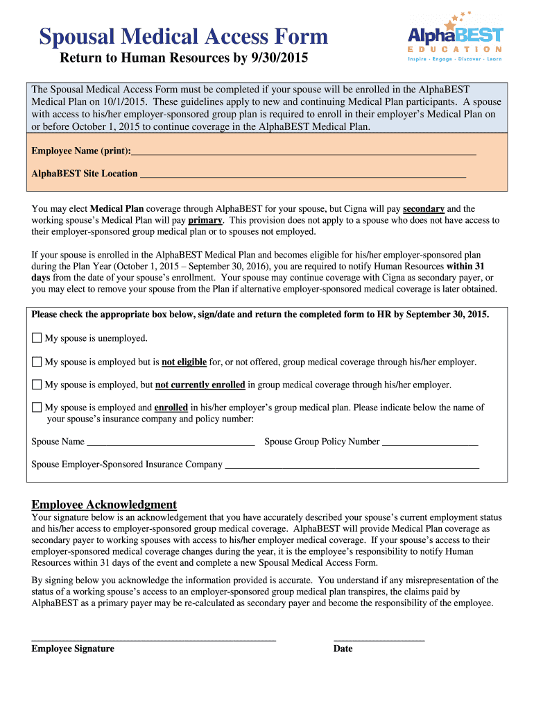 Fillable Online alphabest Spousal Medical Access Form - alphabest Fax ...