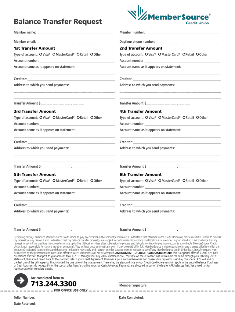 Fillable Online Balance Transfer Request - membersourcecu.org Fax Email ...