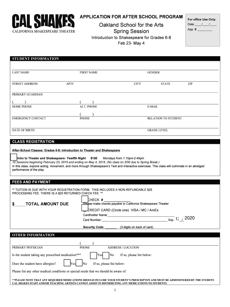 Fillable Online OSA After School Registration Form - calshakes.org Fax ...