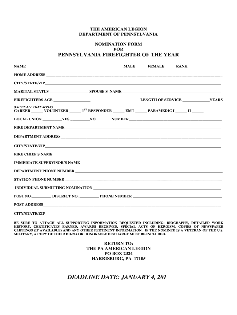 Fillable Online Firefighter of the Year Award - Pennsylvania American Legion Fax Email Print ...