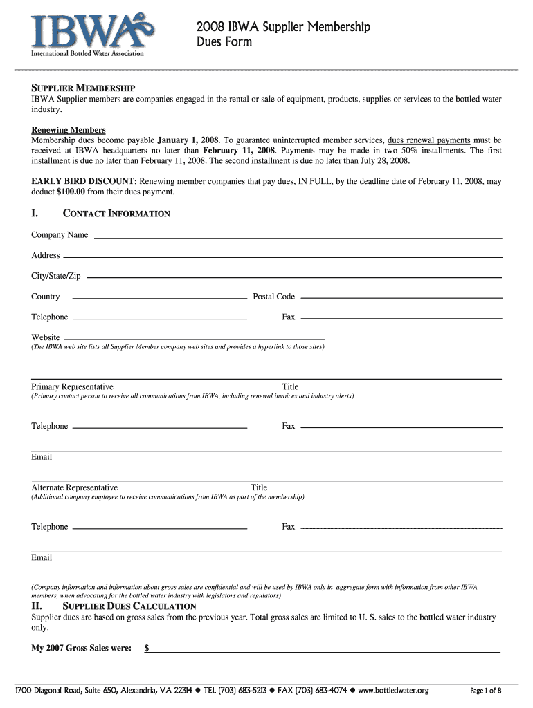 Fillable Online bottledwater 2008 IBWA Supplier Membership Dues Form ...