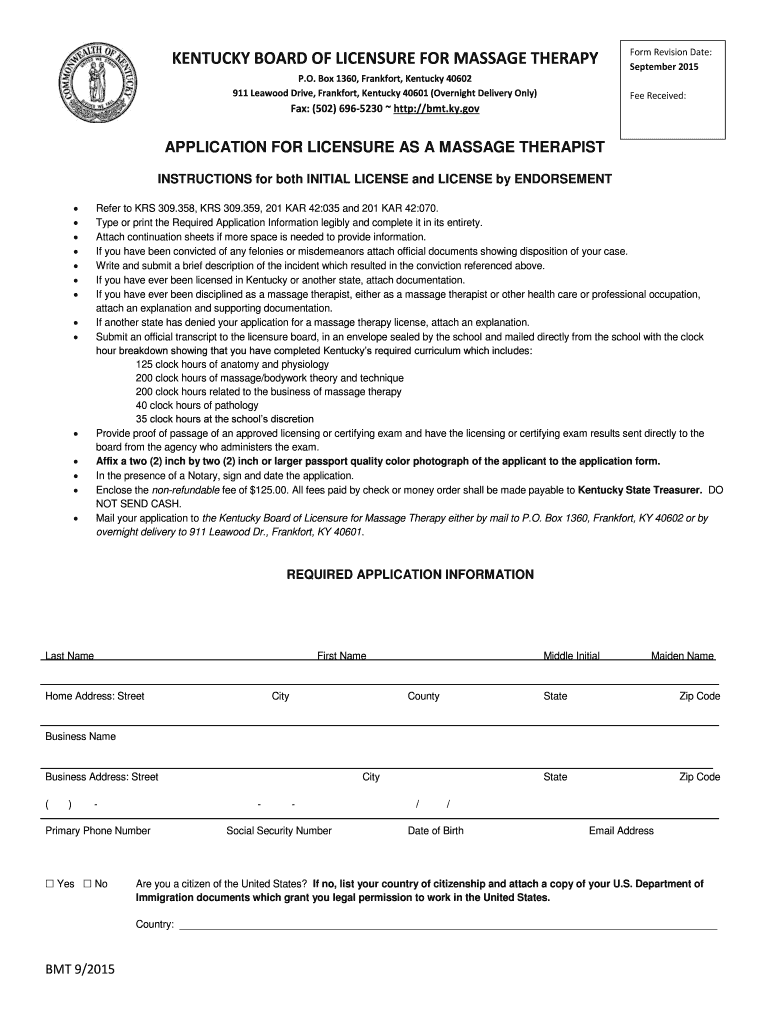 Fillable Online bmt ky KENTUCKY BOARD OF LICENSURE FOR MASSAGE THERAPY ...