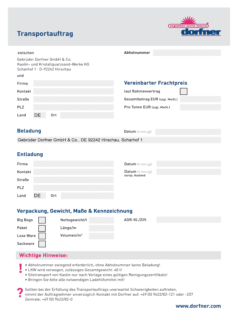 Fillable Online dorfner Formular Transportauftrag de01 lek - dorfner.de ...
