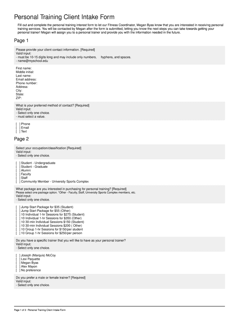 Fillable Online Personal Training Client Intake Form. Get Fit Form Fax ...