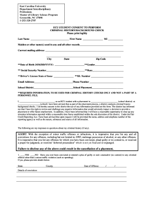 Fillable Online ecu ECU STUDENT CONSENT TO PERFORM CRIMINAL HISTORY ...