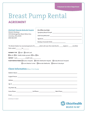 Fillable Online Outpatient Lactation Department Breast Pump Rental Fax ...
