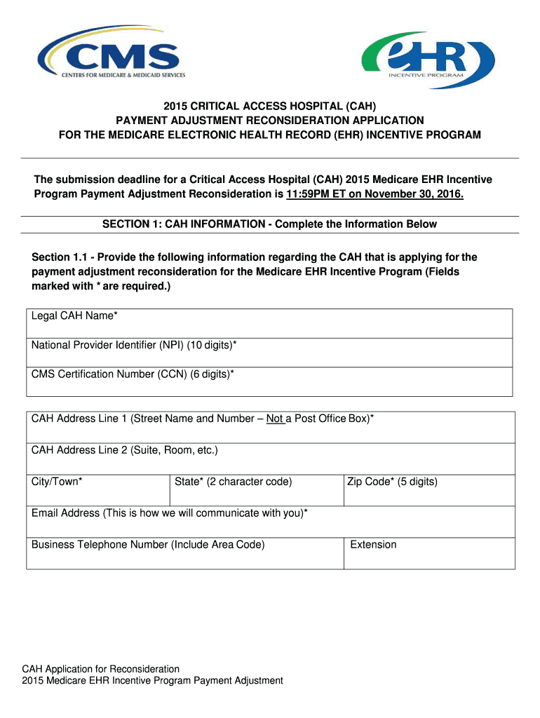 Fillable Online cms 2015 CAH Payment Adjustment Reconsideration ...
