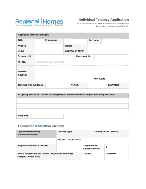 Fillable Online Individual Tenancy Application - Regional Homes Ltd Fax ...