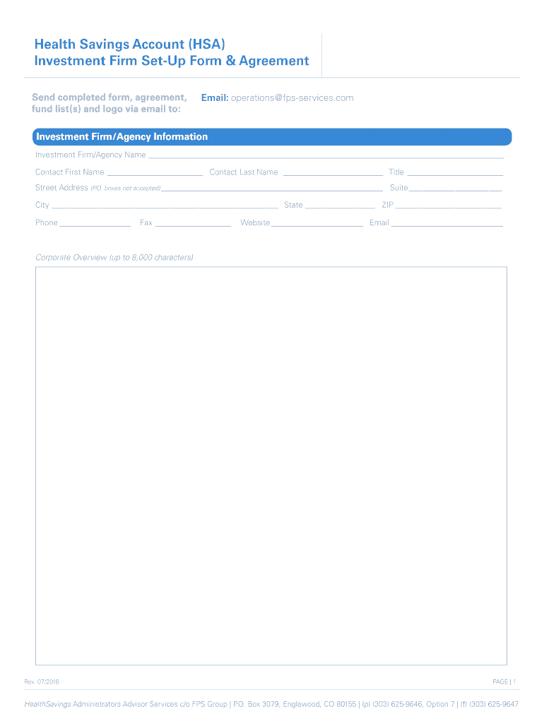 Fillable Online Health Savings Account (HSA) Investment Firm Set-Up Form ... Fax Email Print ...