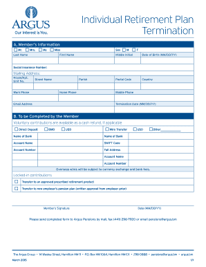 Fillable Online Individual Retirement Plan Termination - argus.bm Fax ...