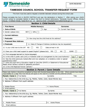 Fillable Online tameside gov TAMESIDE COUNCIL SCHOOL TRANSFER REQUEST FORM - tameside gov Fax ...