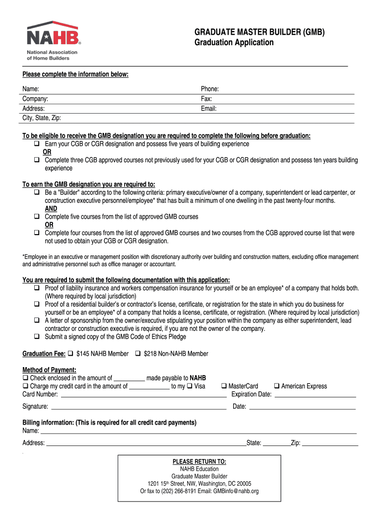 Fillable Online nahb GRADUATE MASTER BUILDER (GMB) Graduation ...