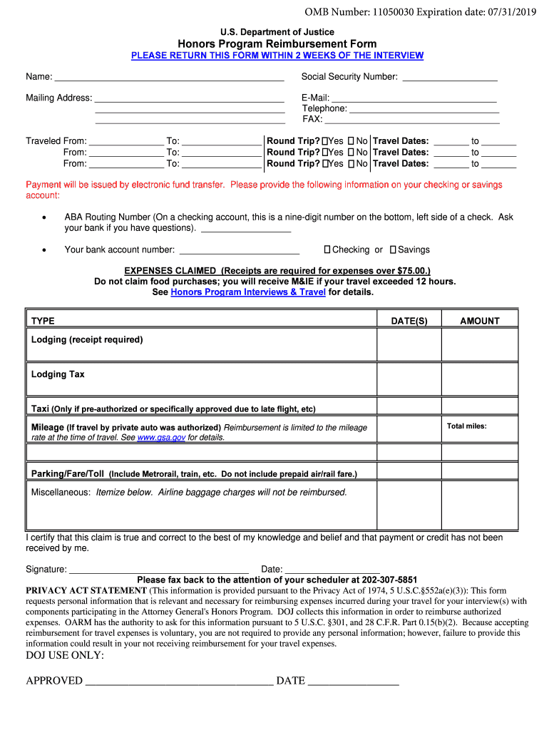 Fillable Online justice Honors Program Reimbursement Form - US ...