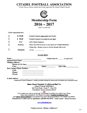 Fillable Online Membership Application (PDF) - The Citadel Football ...