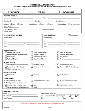 Fillable Online PERSONNEL ACTION NOTICE New/Rehires complete all ...
