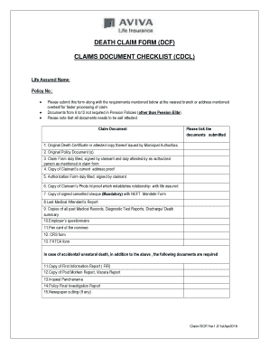Fillable Online DEATH CLAIM FORM (DCF) CLAIMS DOCUMENT CHECKLIST... Fax Email Print - pdfFiller