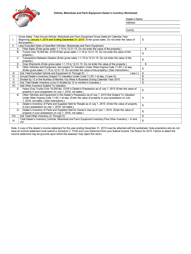 Fillable Online Dealers Worksheet - Cabell County Assessor Fax Email ...