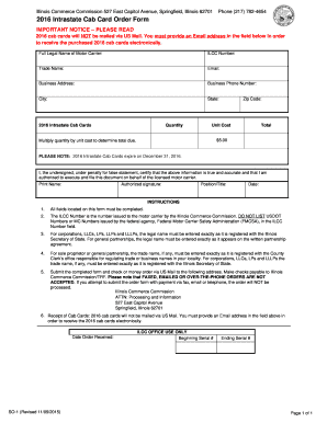 Fillable Online icc illinois 2016 Cab Card Order Form. 2016 Cab Card ...