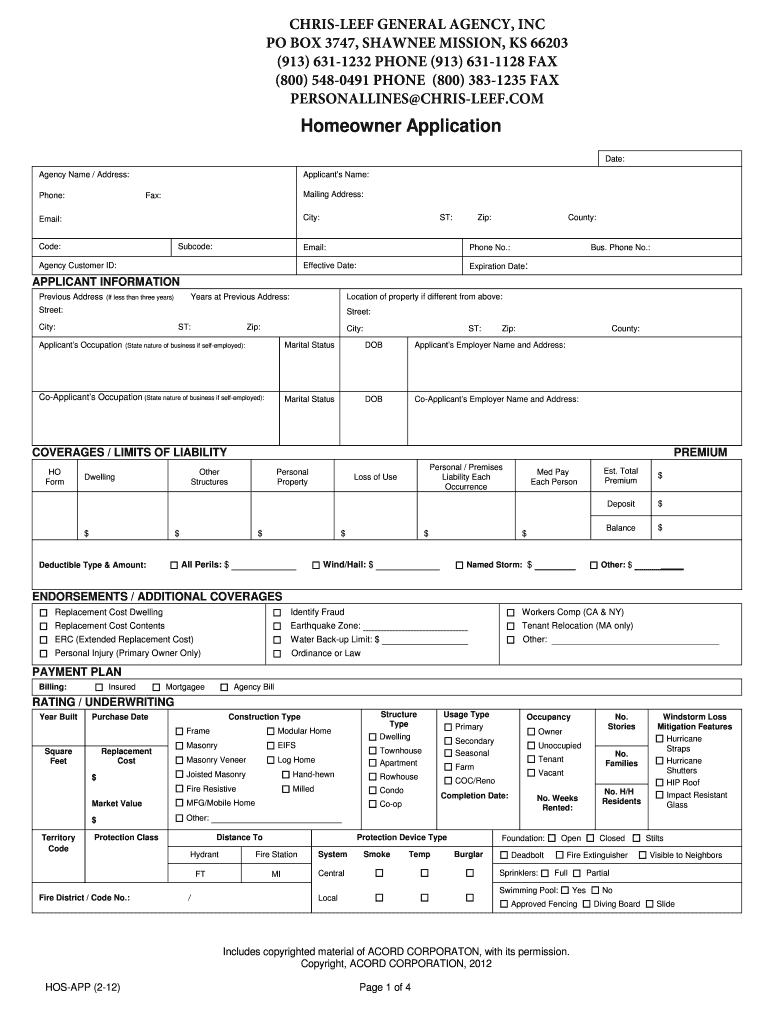 Fillable Online CHRIS-LEEF GENERAL AGENCY, INC PO BOX 3747, SHAWNEE ...