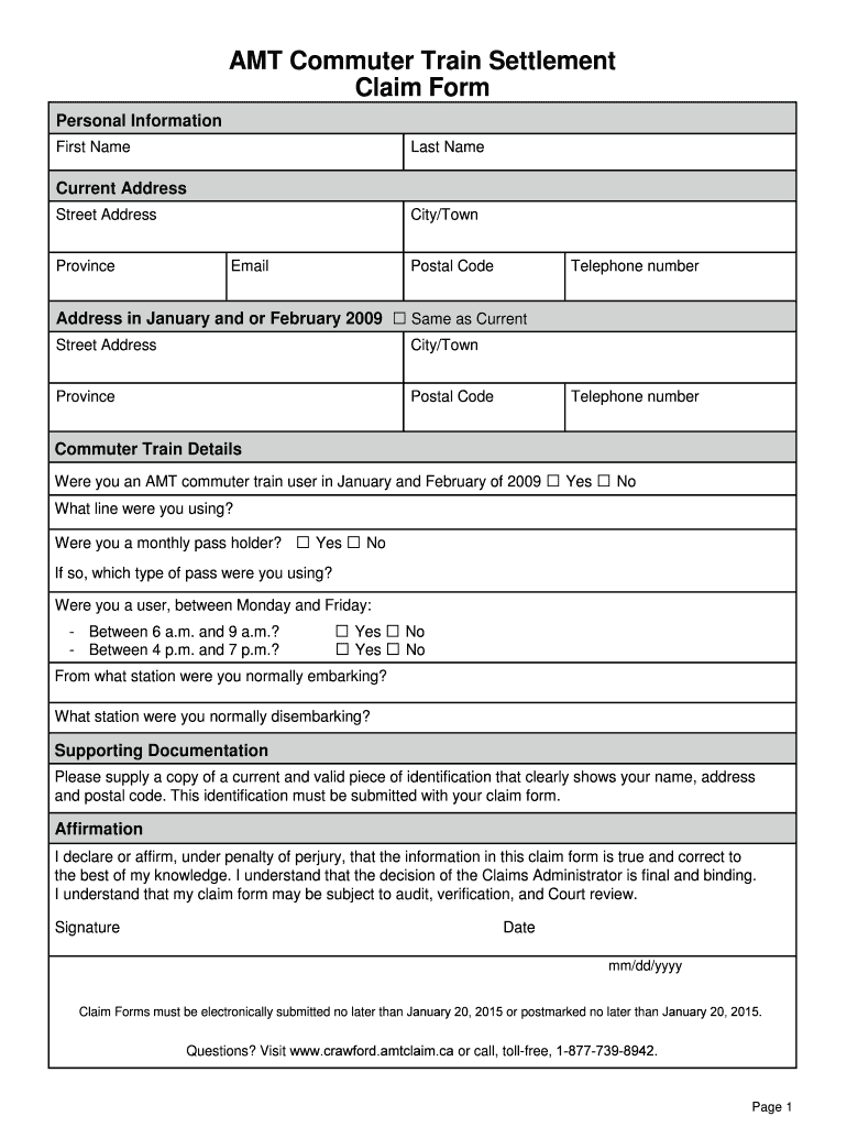 Fillable Online AMT Commuter Train Settlement Claim Form Yes No Yes No ...