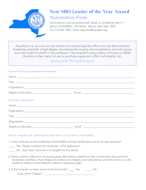 Fillable Online New SBO Leader of the Year Award Nomination Form Fax ...