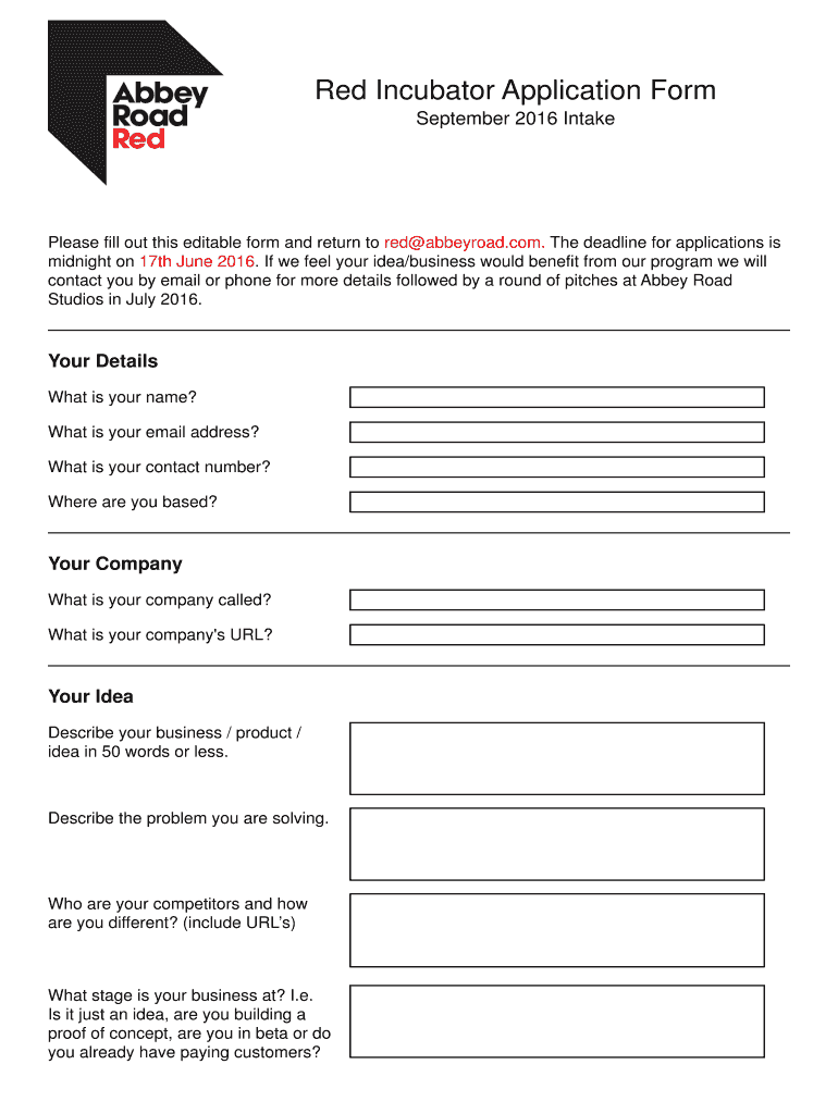 Fillable Online Red Incubator Application Form - Abbey Road Studios Fax ...