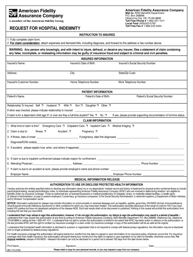 Fillable Online REQUEST FOR HOSPITAL INDEMNITy - American Fidelity Fax ...