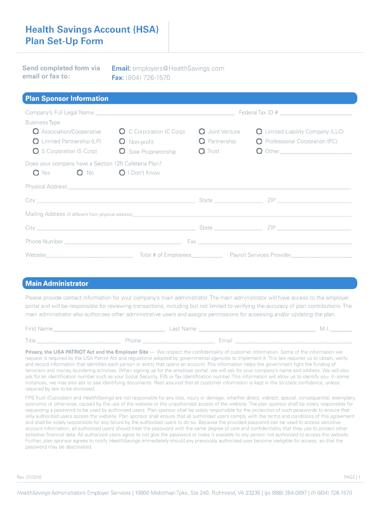 Fillable Online Health Savings Account (HSA) Plan Set-Up Form Fax Email Print - pdfFiller