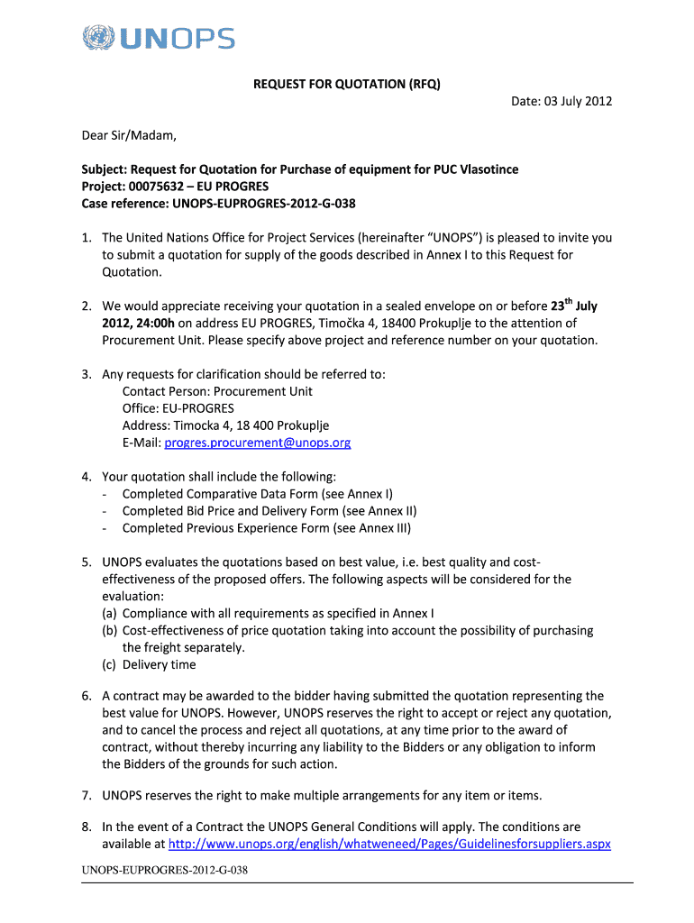 Fillable Online REQUEST FOR QUOTATION (RFQ) Subject: Request for ...