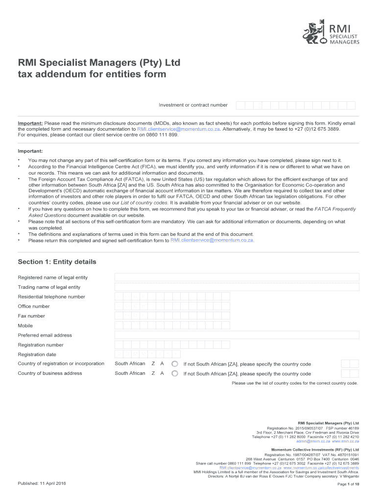 Fillable Online rmih co RMI Specialist Managers (Pty) Ltd tax addendum ...