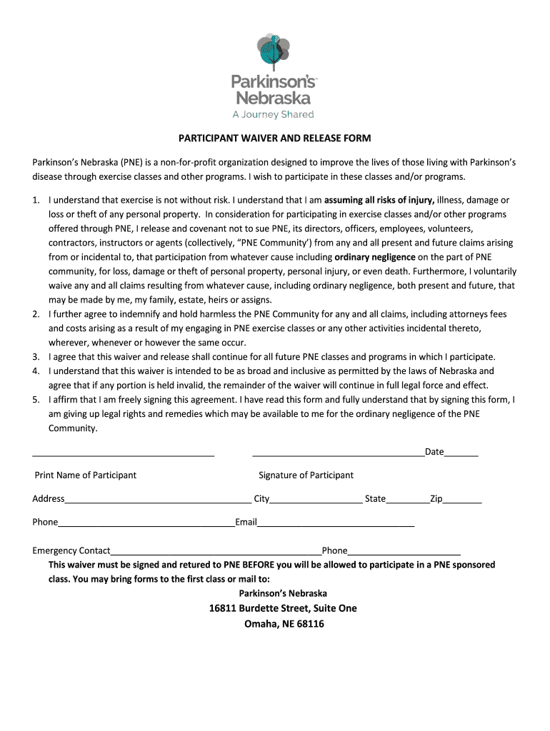 Fillable Online parkinsonsnebraska PARTICIPANT WAIVER AND RELEASE FORM ...