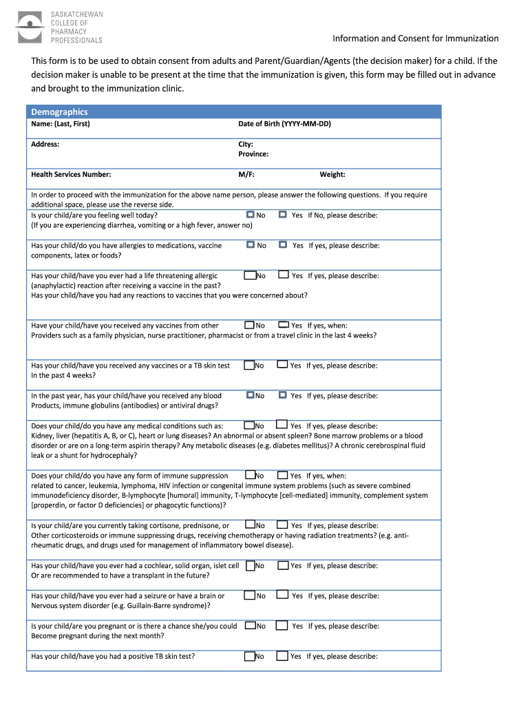 Fillable Online usask Information and Consent for Immunization This form is to ... Fax Email ...