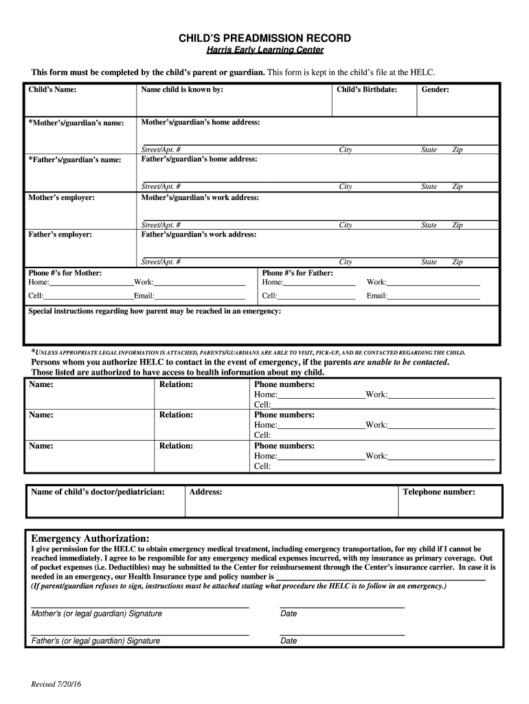 Fillable Online harriselc Child Pre-Admission Record - The Elmer and ...