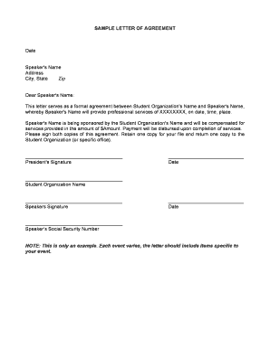 Fillable Online tamuk SAMPLE LETTER OF AGREEMENT Date Speaker's Name ...