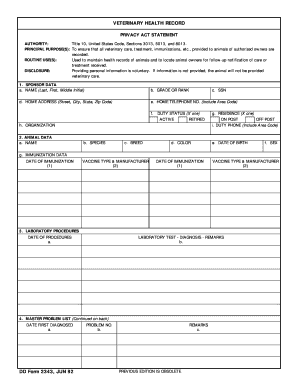 Fillable Online VETERINARY HEALTH RECORD - usa-federal-forms.com Fax ...