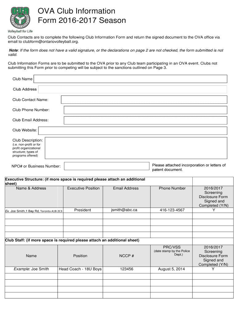 Fillable Online OVA Club Information Form 201 Season ...
