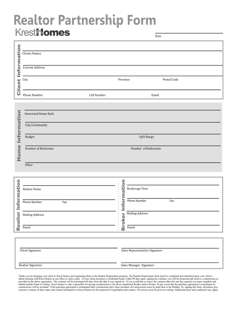 Fillable Online Printable Realtor Partnership Form - Krest Homes Fax ...