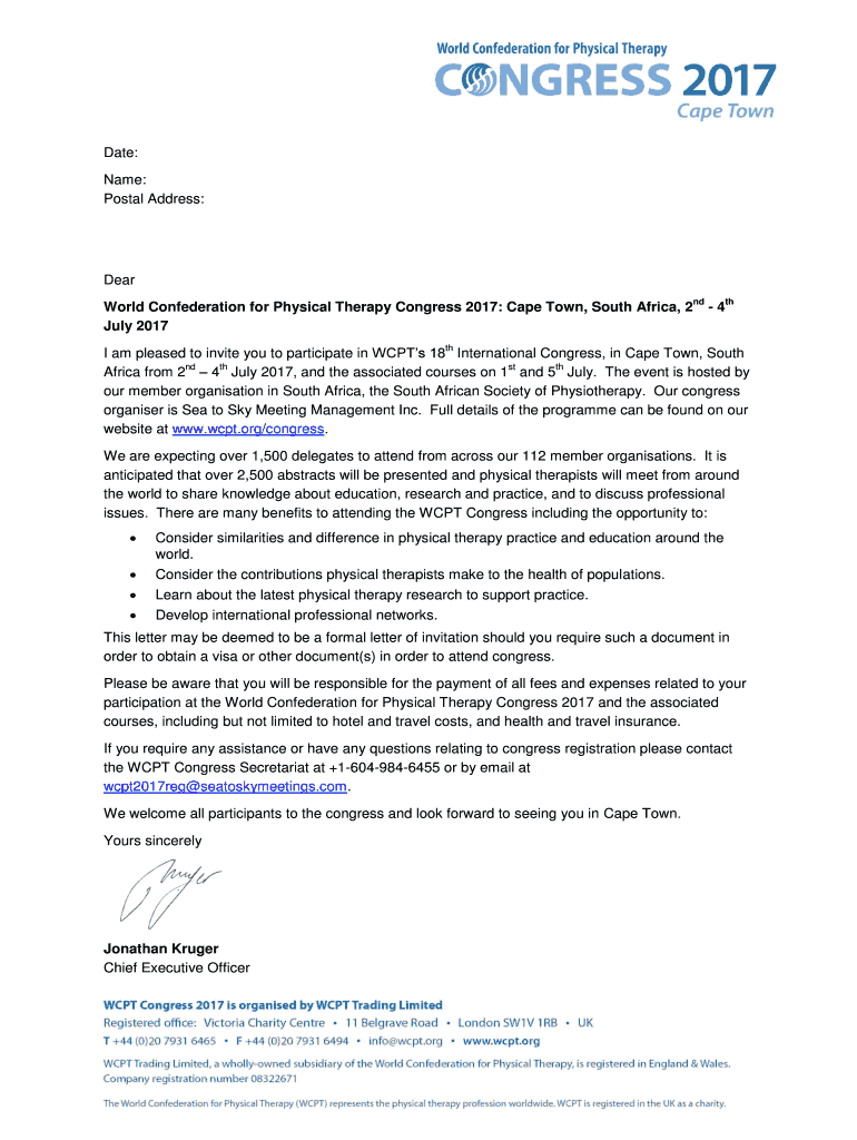 Fillable Online wcpt download the letter of invitation - World Confederation for ... Fax Email ...