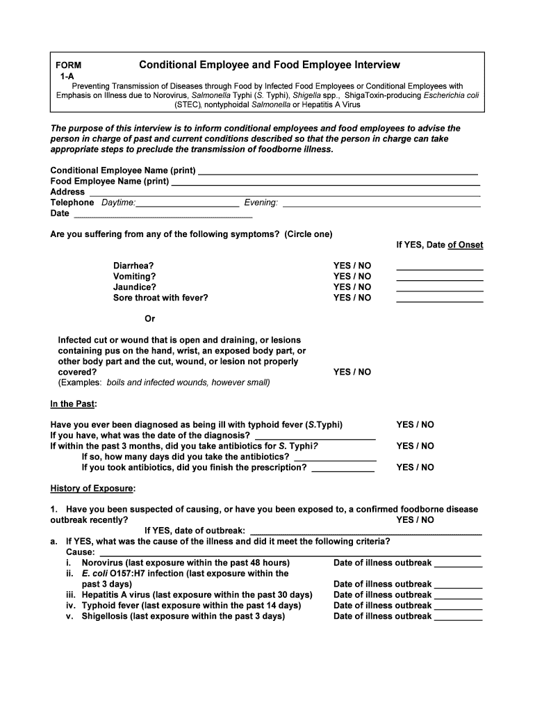 Fillable Online FORM Conditional Employee and Food Employee Interview 1 ...
