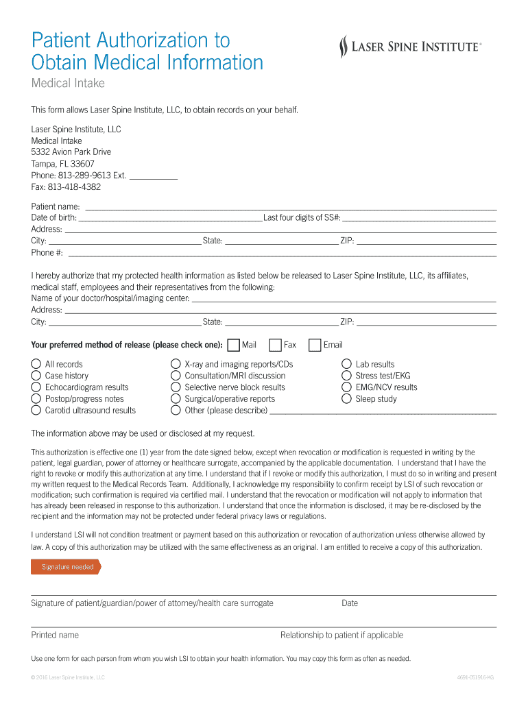 Fillable Online Patient Authorization to Obtain Medical Information - Laser Spine ... Fax Email ...