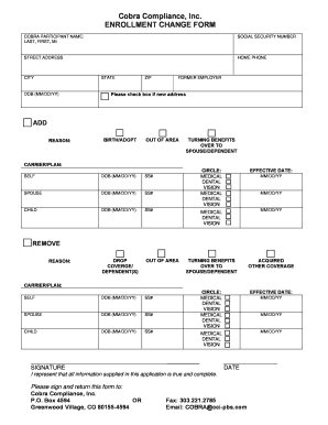 Fillable Online Cobra Compliance, Inc. ENROLLMENT CHANGE FORM Fax Email Print - pdfFiller