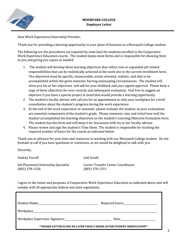 Fillable Online moorparkcollege 2 MOORPARK COLLEGE Employer Letter Dear ...