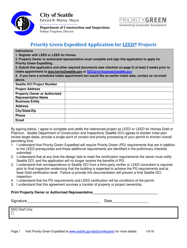 Fillable Online seattle Priority Green Application for LEED projects ...