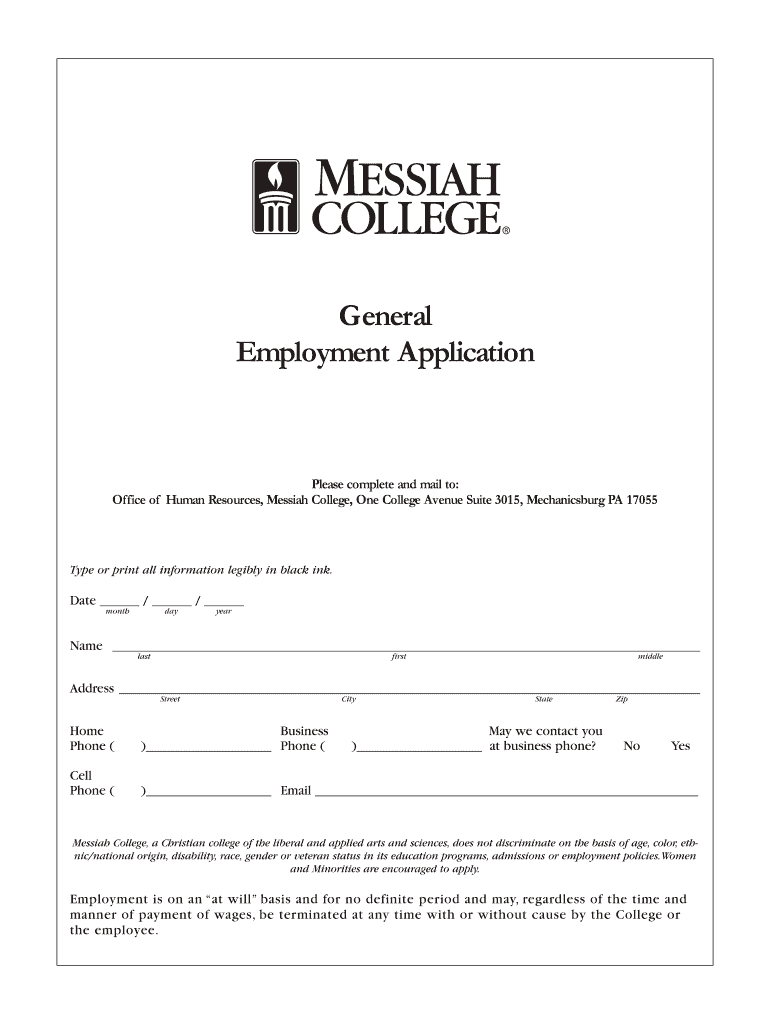 Fillable Online messiah General Employment Application - Messiah Fax Email Print - pdfFiller
