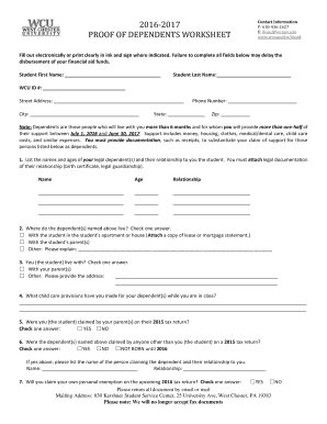 Fillable Online wcupa 2016 2017 Proof of Dependents Worksheet - Office ...