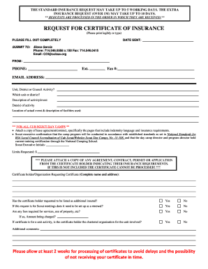Fillable Online ocbsa REQUEST FOR CERTIFICATE OF INSURANCE - ocbsa.org ...