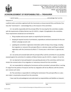 Fillable Online maine acknowledgment of responsibilities treasurer - Maine.gov Fax Email Print ...